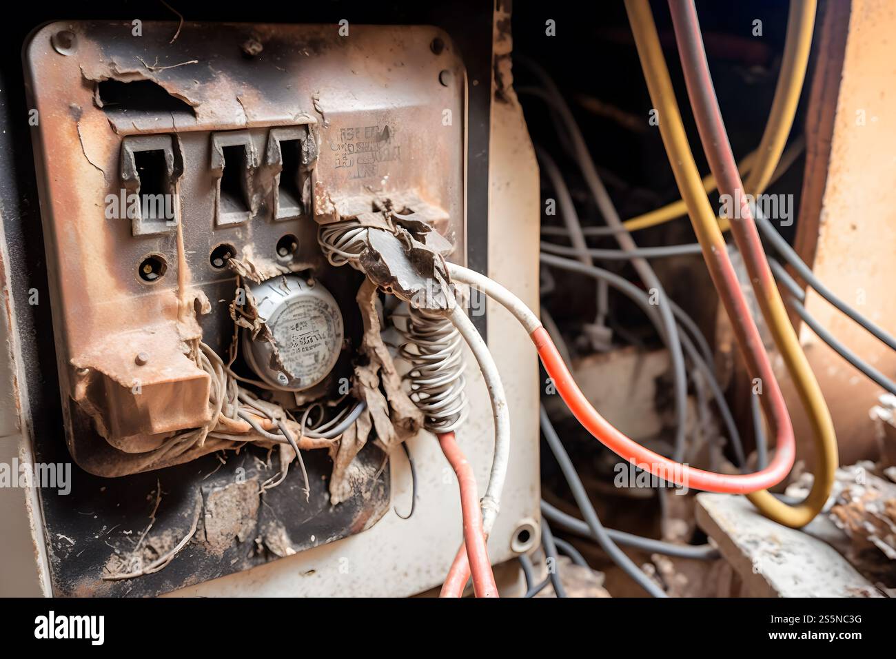 Burning switchboard from overload or short circuit on wall. Circuit ...