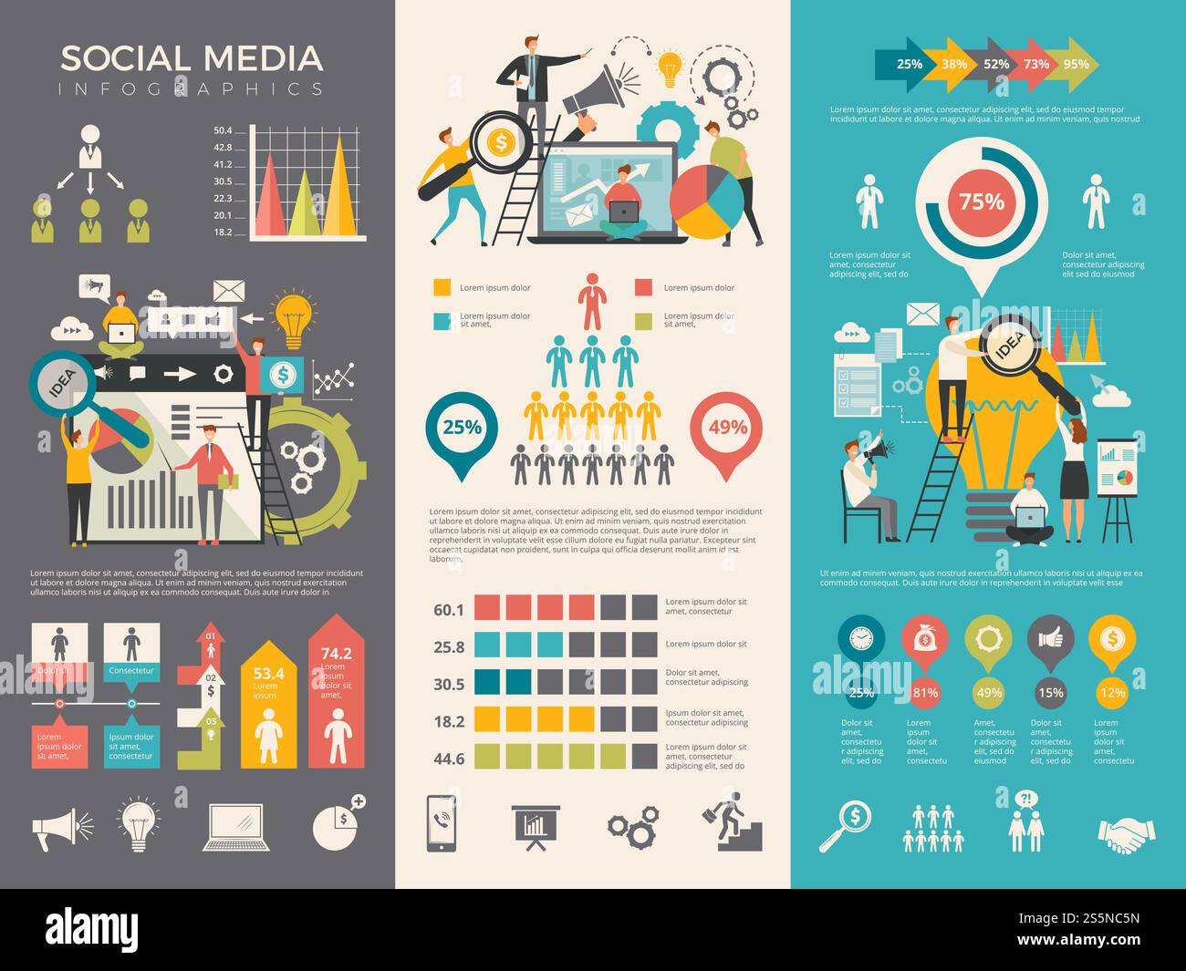 Social media infographic. Work people socializing like rating sharing ...