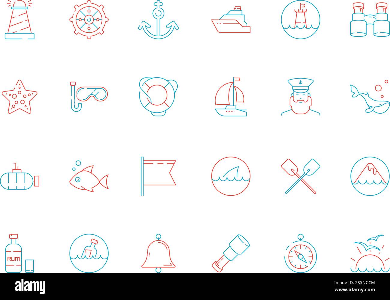Marine icon collection. Nautical sea or ocean symbols fish boat map ...