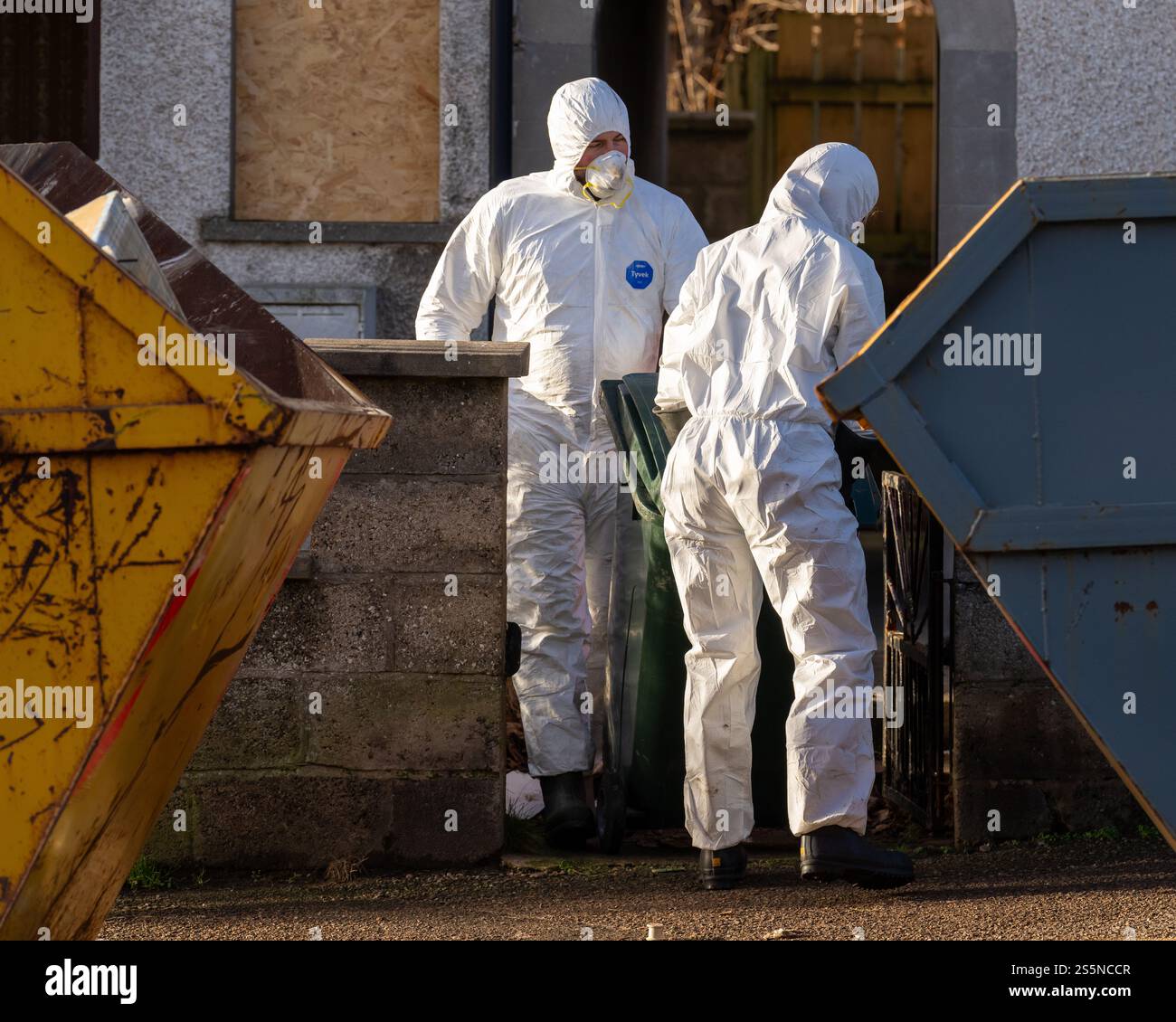 14 January 2025. Elgin, Moray, Scotland. This is white boiler suited ...
