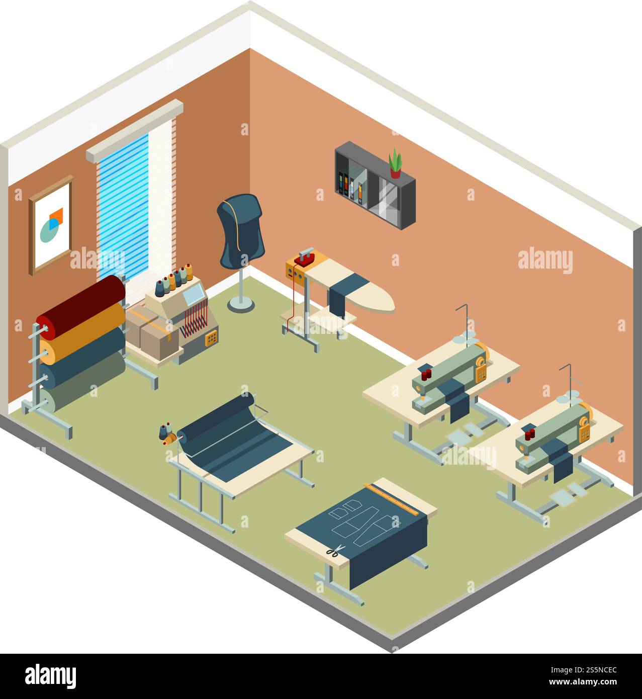 Textile production. Manufacturing factory with sewing machines for ...