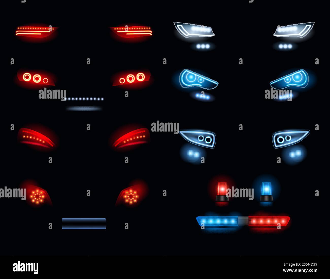 Car headlights. Dark environment with red and white automobile lights ...