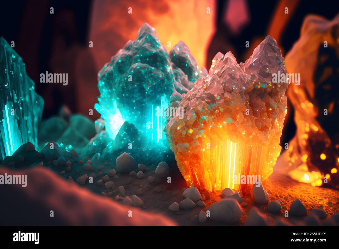 Beautiful wild crystal stalactites and stalagmites in cave. Neural ...