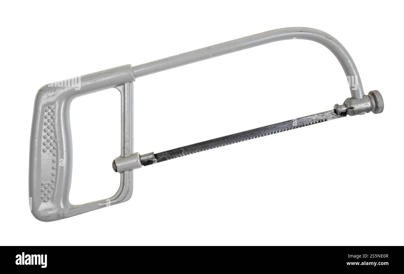 used grey hacksaw for metal with replaceable blade isolated on white ...