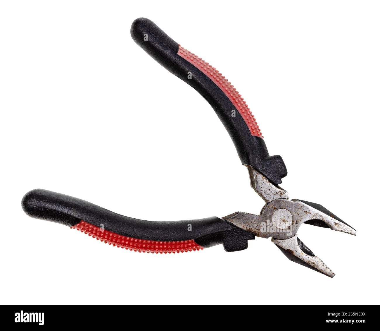 open old pliers with red and black rubber handle isolated on white ...