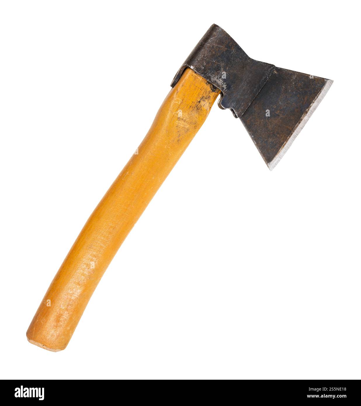 small tourist hatchet on wooden handle with sharp edge of blade ...