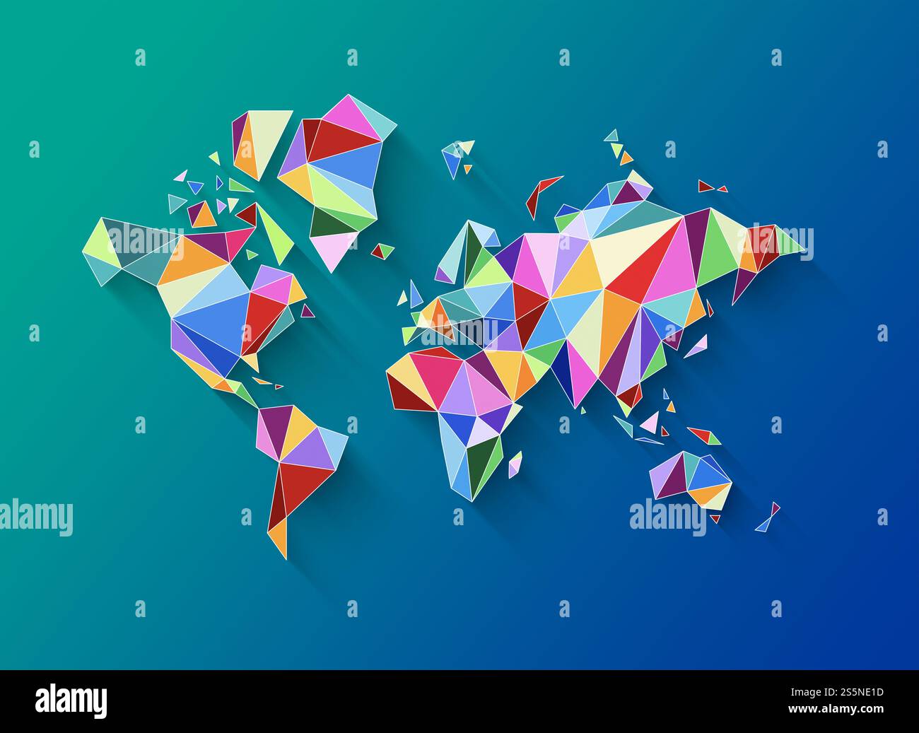 World map shape made of colorful polygons. 3D illustration isolated on ...