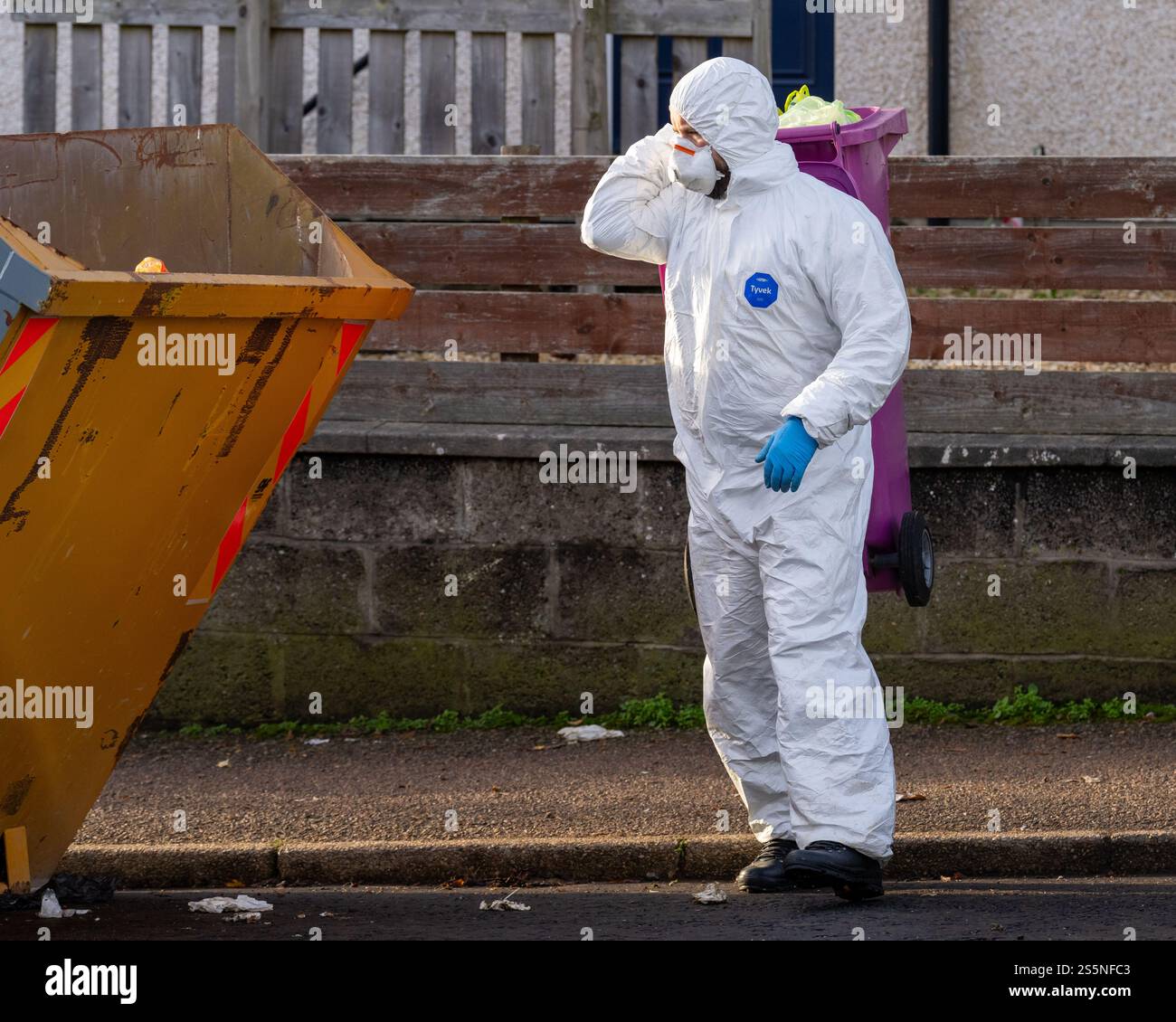 14 January 2025. Elgin, Moray, Scotland. This is white boiler suited ...