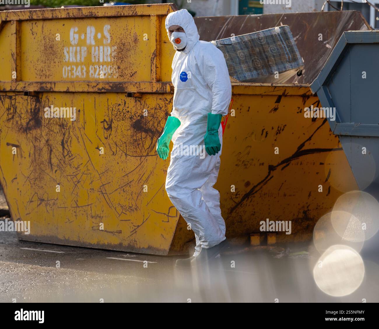 14 January 2025. Elgin, Moray, Scotland. This is white boiler suited ...