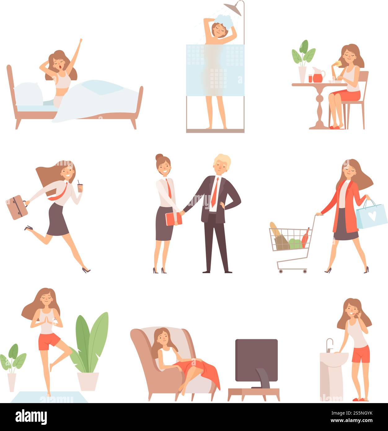 Woman daily routine. Lifetime of mother business lady breakfast working ...