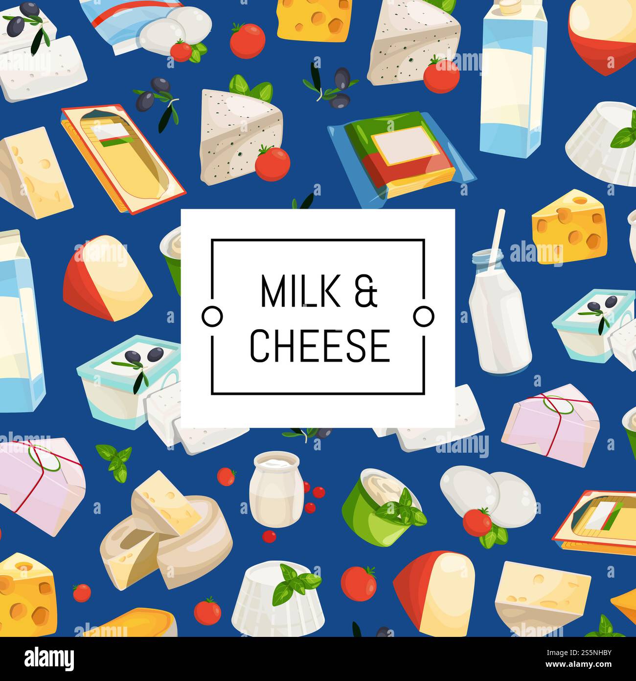 Vector cartoon dairy and cheese products background with place for text ...