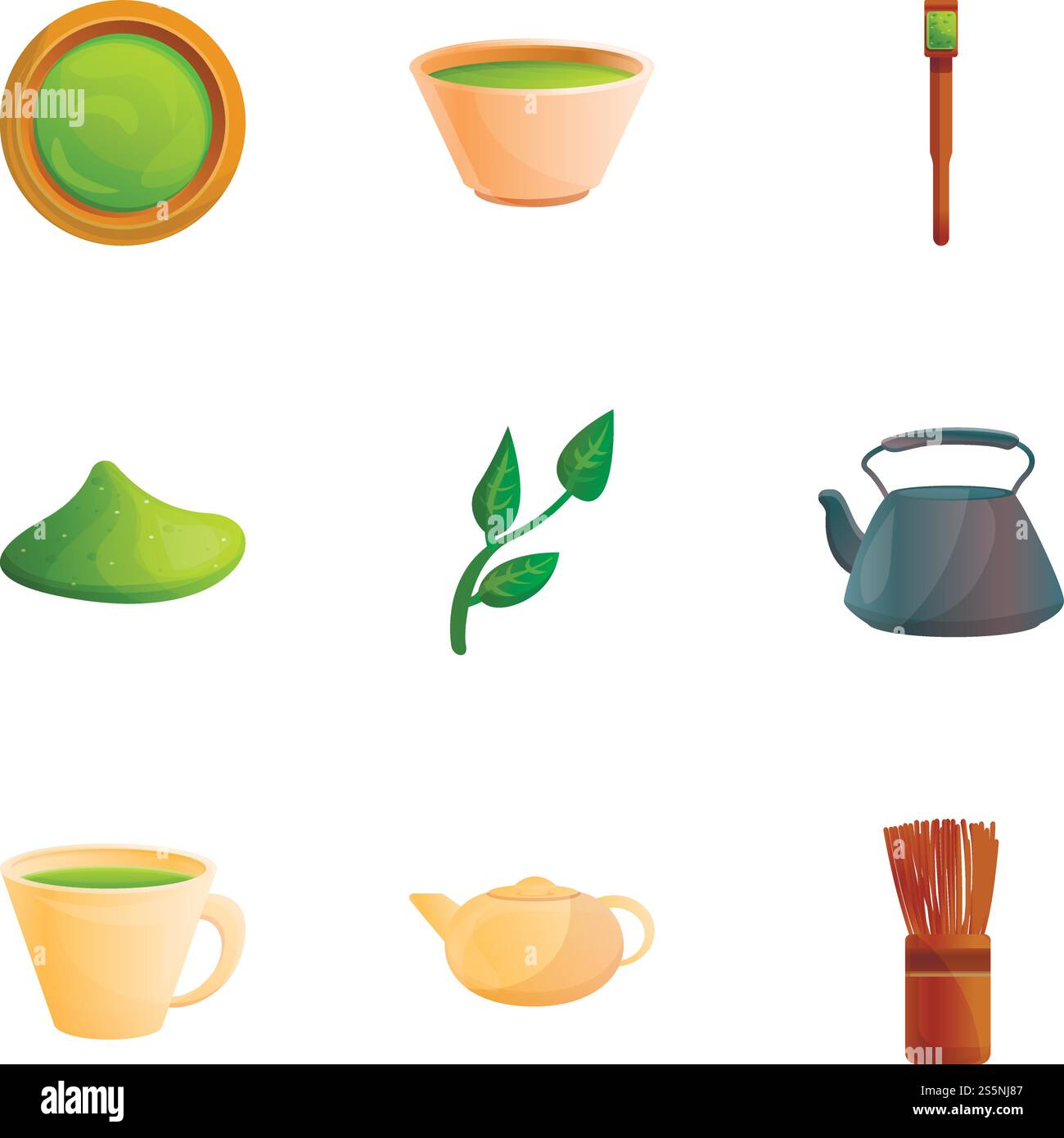 Green matcha tea icon set. Cartoon set of 9 green matcha tea vector ...