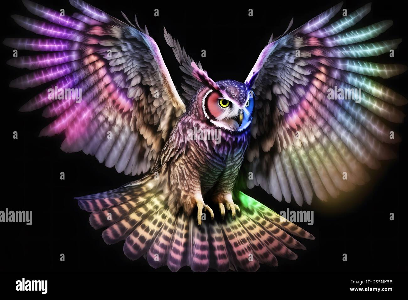 European eagle owl with big wings in multicolor epic style. Neural ...