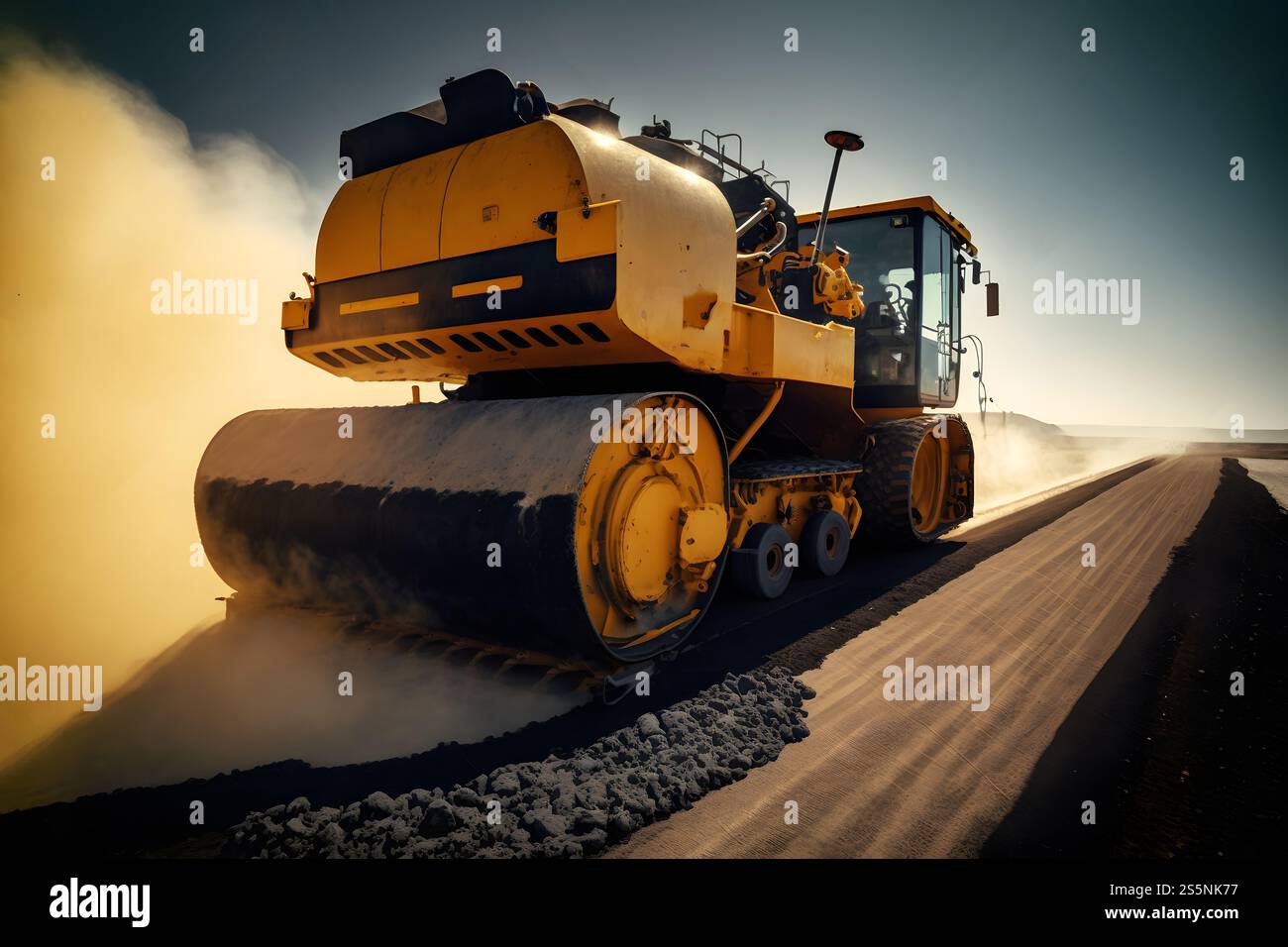Worker operating asphalt paver machine finisher during road ...