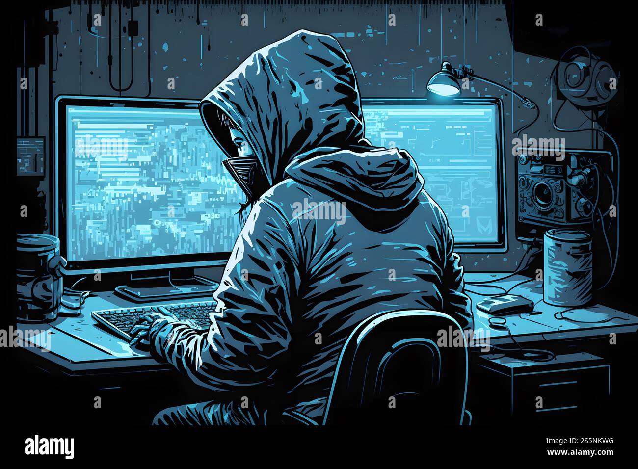 Hacker in a blue hoody standing in front of a code background. Neural network AI generated art ...
