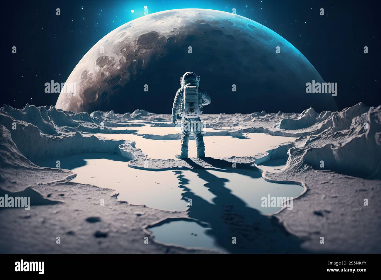 Brave astronaut at the spacewalk on the moon. Neural network AI ...
