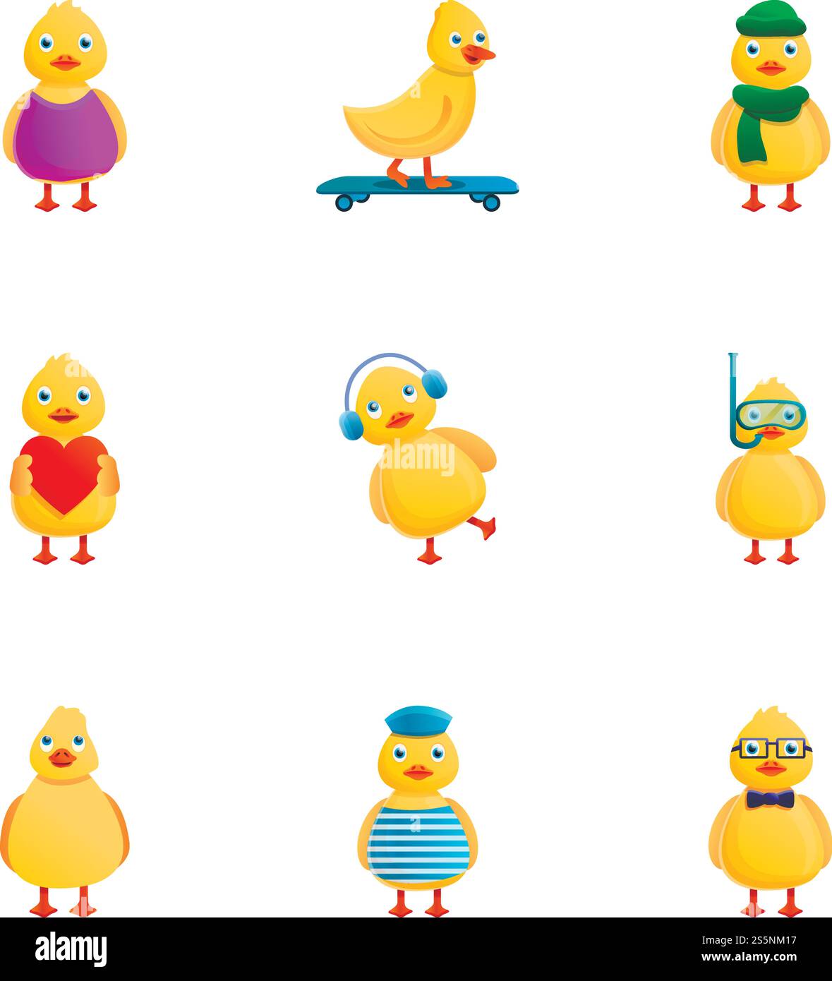 Cute duck icon set. Cartoon set of 9 cute duck vector icons for web ...