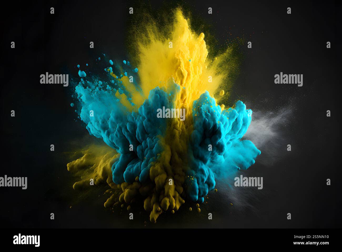 Explosion of yellow and blue color paint powder on black background ...