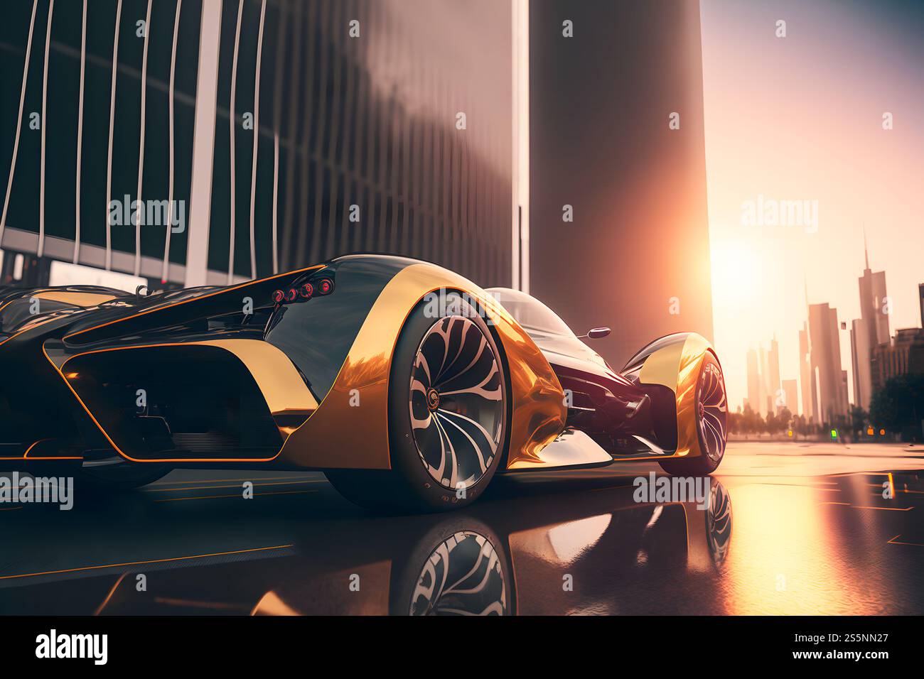 Modern futuristic fast sport car in city center. Neural network AI ...