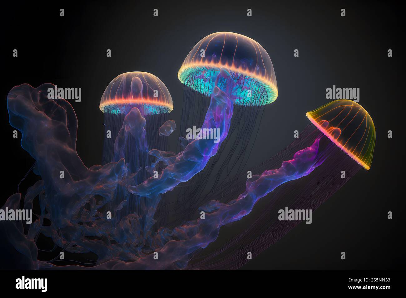 Group of clear glowing neon color light jelly fish in deep dark water. Neural network AI ...