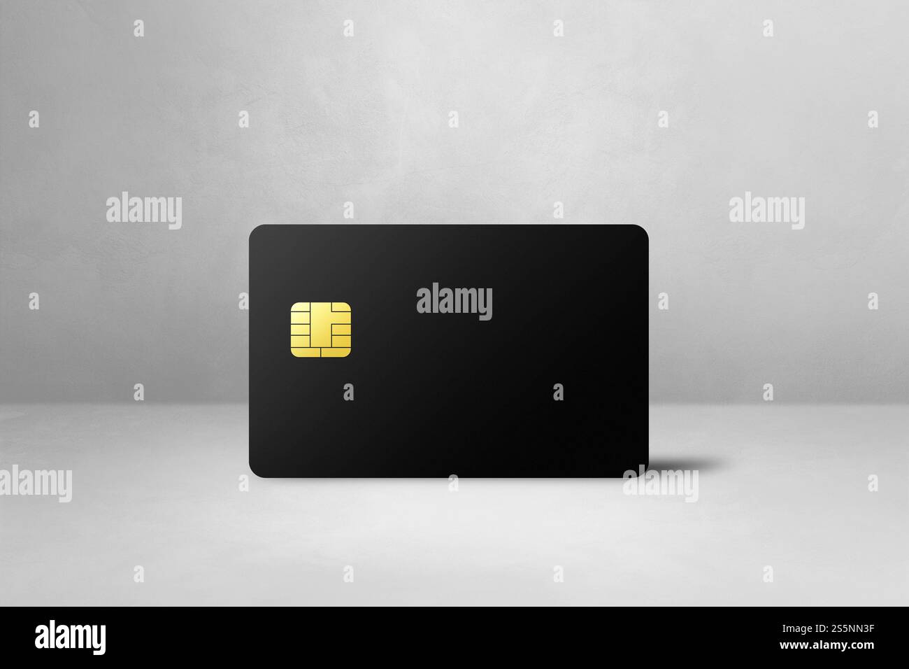 Black credit card template on a white concrete background. 3D ...
