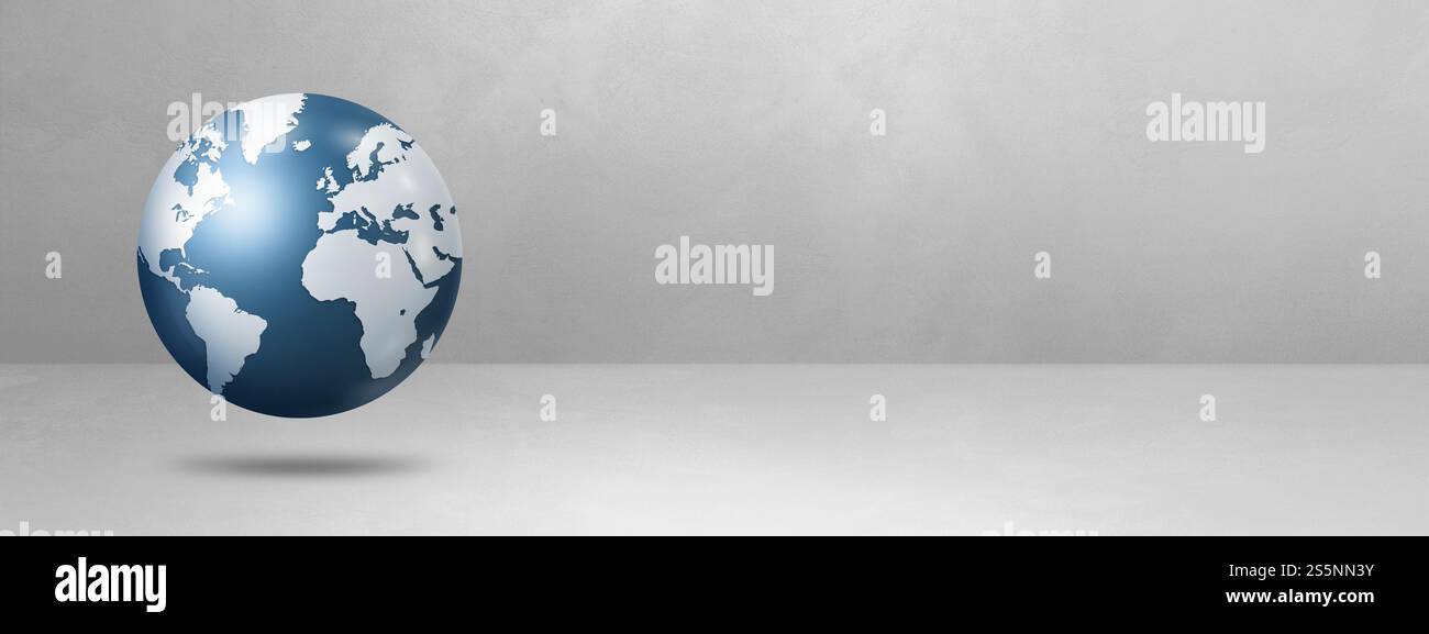 World globe, blue earth map, floating over a white background. 3D ...