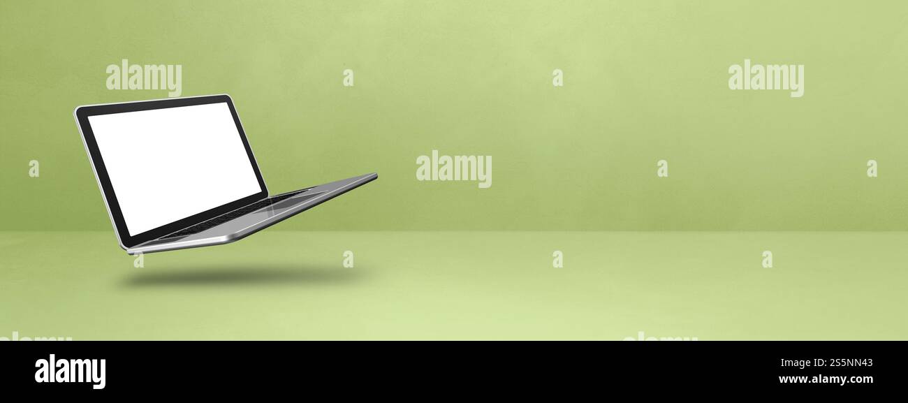 Blank computer laptop floating over a green background. 3D isolated ...