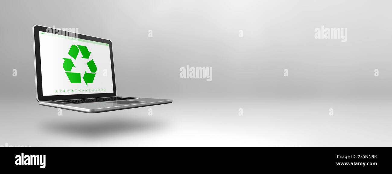 Laptop computer with a recycling symbol on screen. environmental ...
