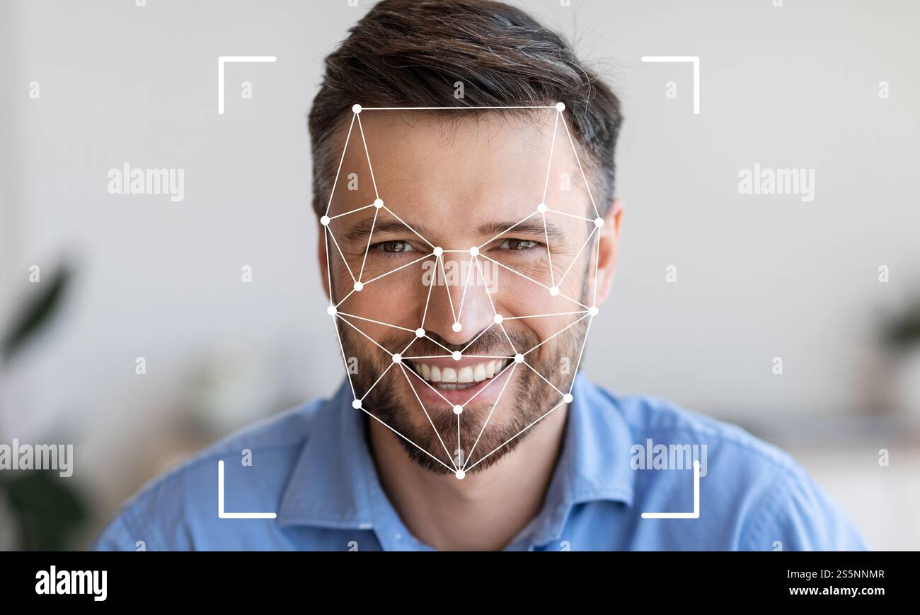 Facial recognition technology analyzing a man's face with a neutral ...