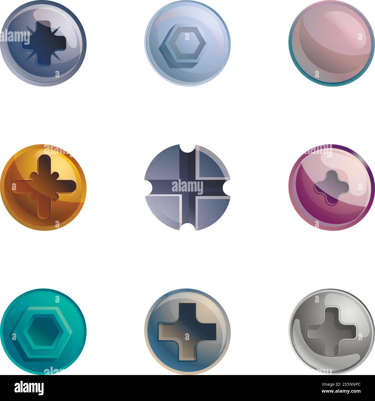Metal bolt head icon set. Cartoon set of 9 metal bolt head vector icons ...