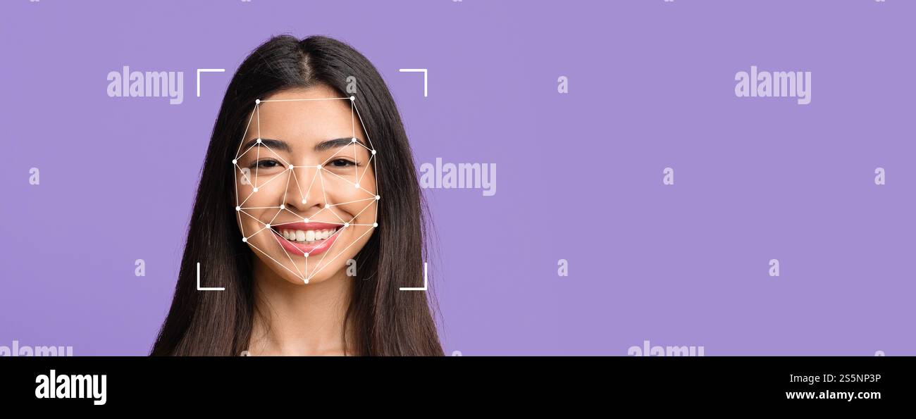 Facial recognition tech featuring a smiling face on a purple backdrop ...