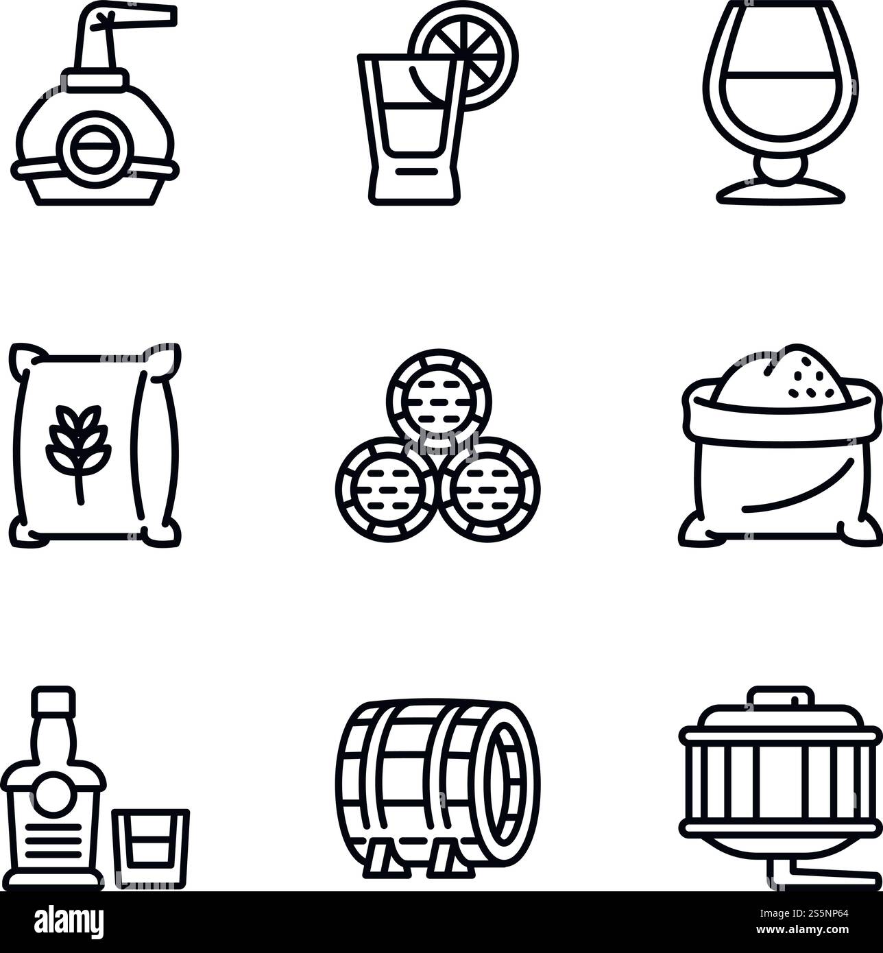Whiskey factory icon set. Outline set of 9 whiskey factory vector icons ...