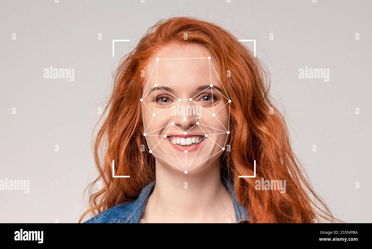 Facial recognition technology highlighting a smiling person's features ...
