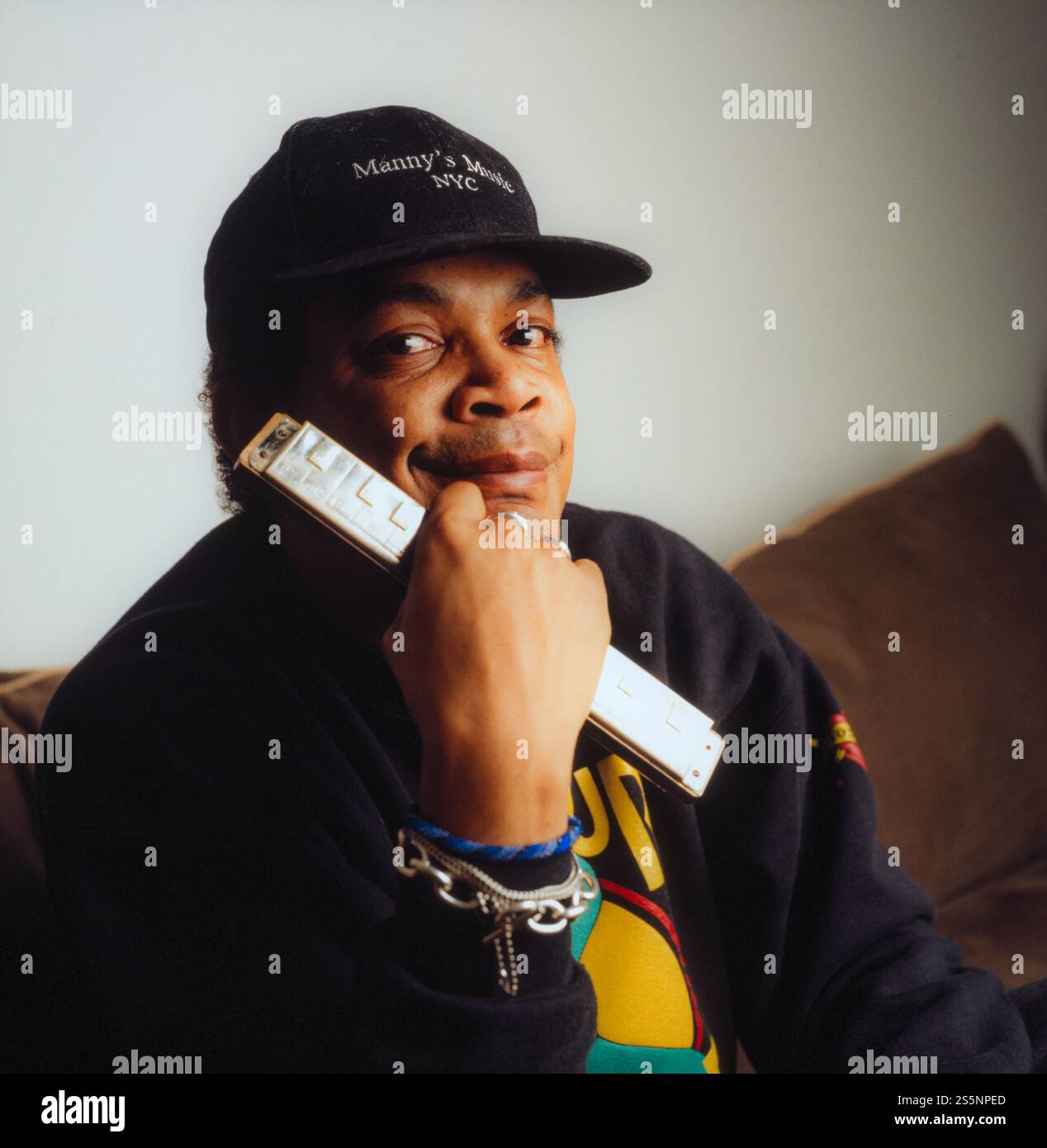 Sugar Blue, aka James Joshua Whiting, holding his harp, at his Chicago ...