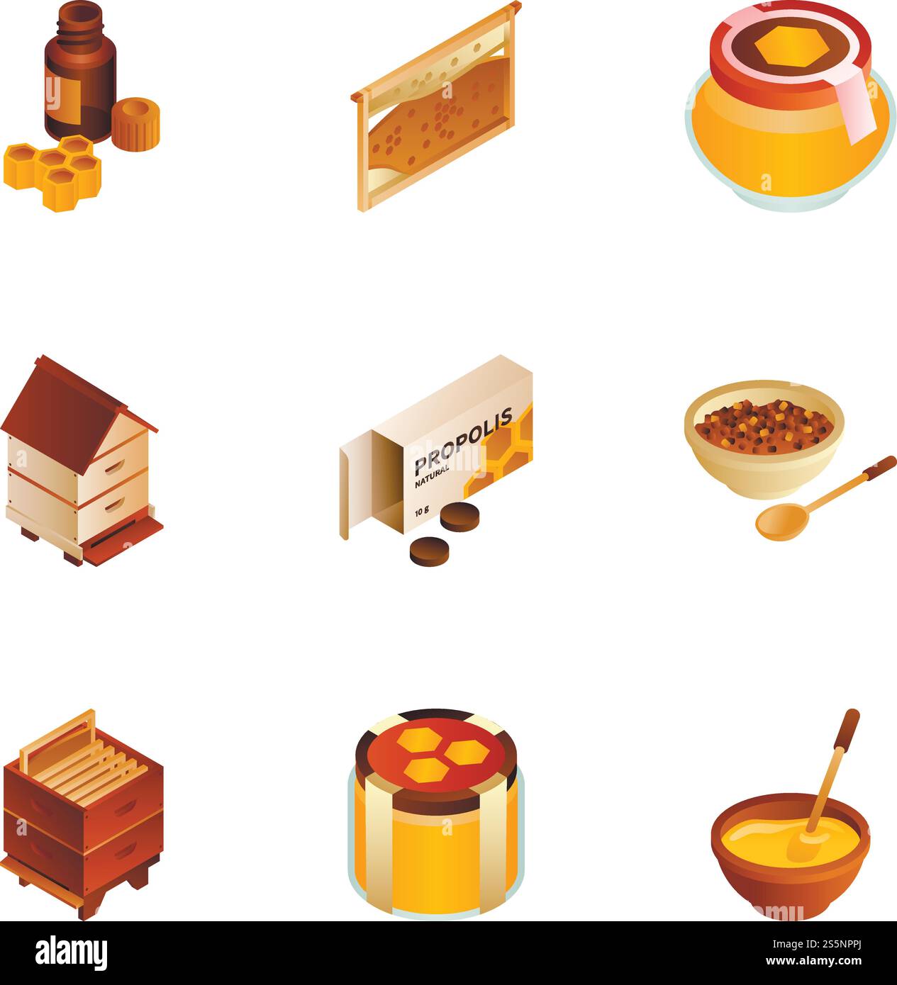 Eco golden honey icon set. Isometric set of 9 eco golden honey vector ...