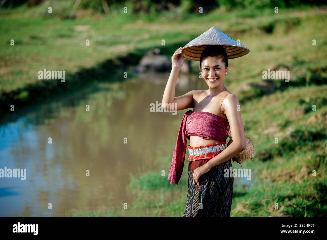 Portrait Young Asian woman in beautiful Thai traditional clothes at rice field Stock Photo - Alamy