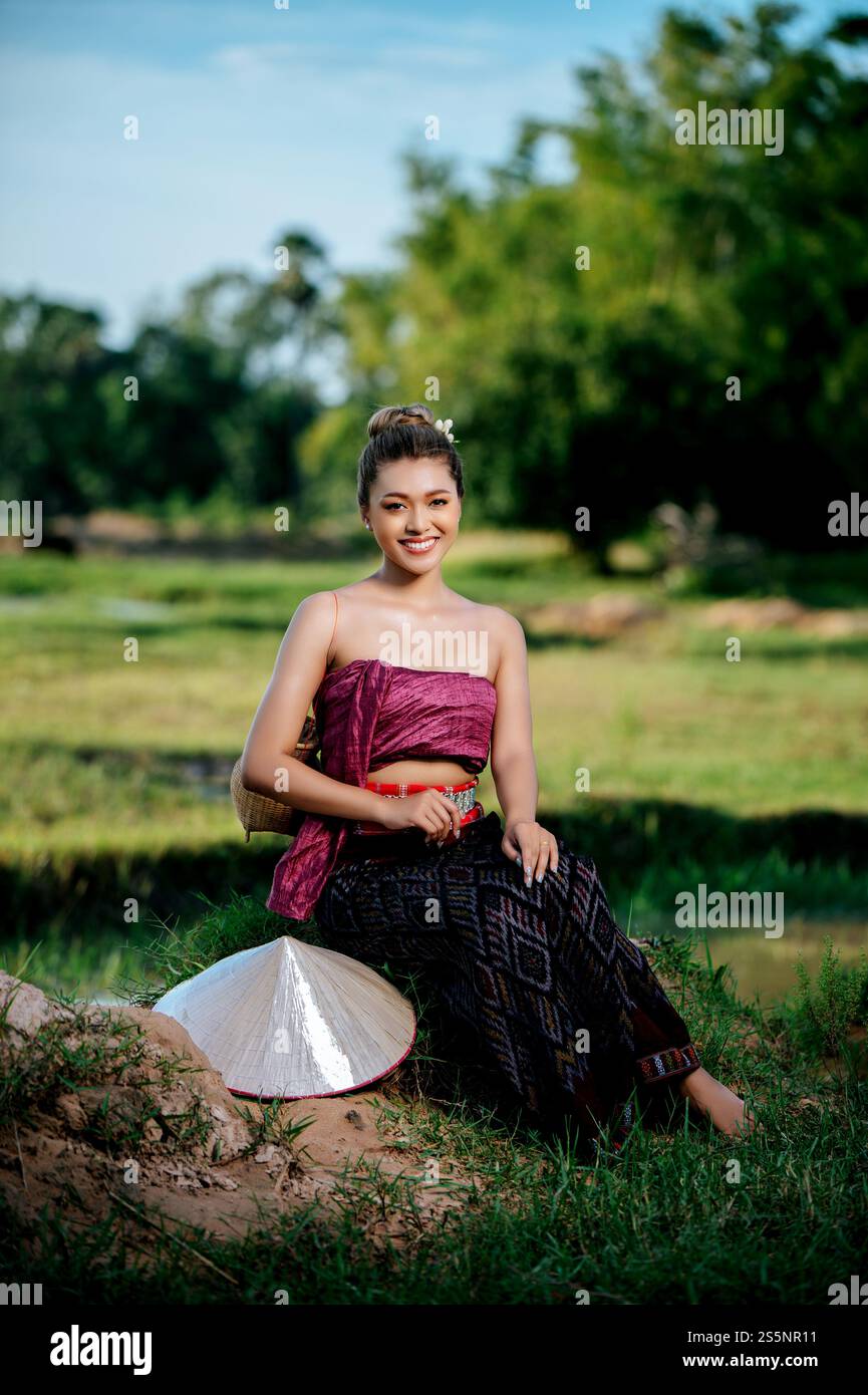 Portrait Young Asian woman in beautiful Thai traditional clothes at ...