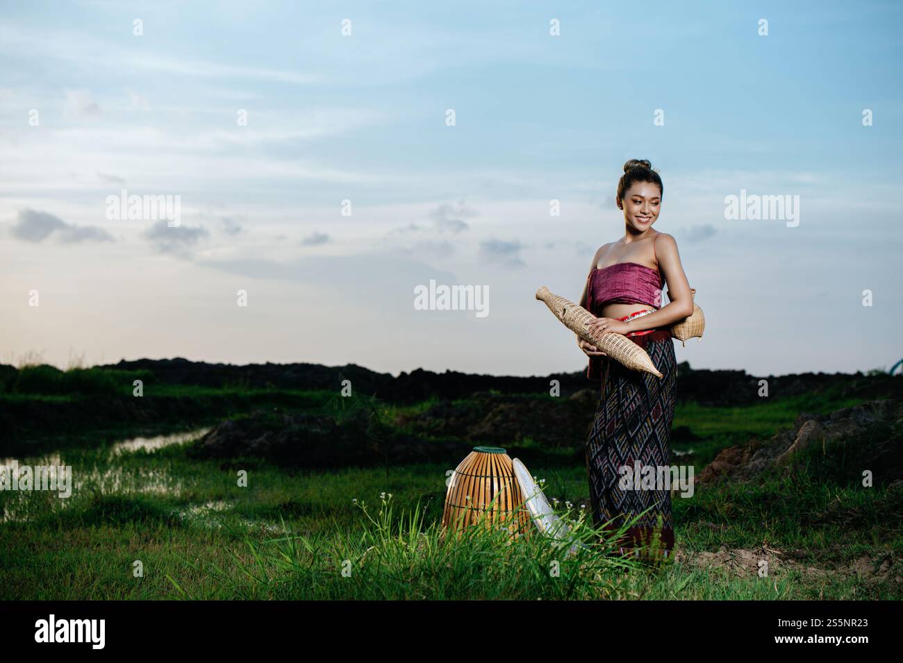 Portrait Young pretty Asian woman in beautiful Thai traditional clothes ...