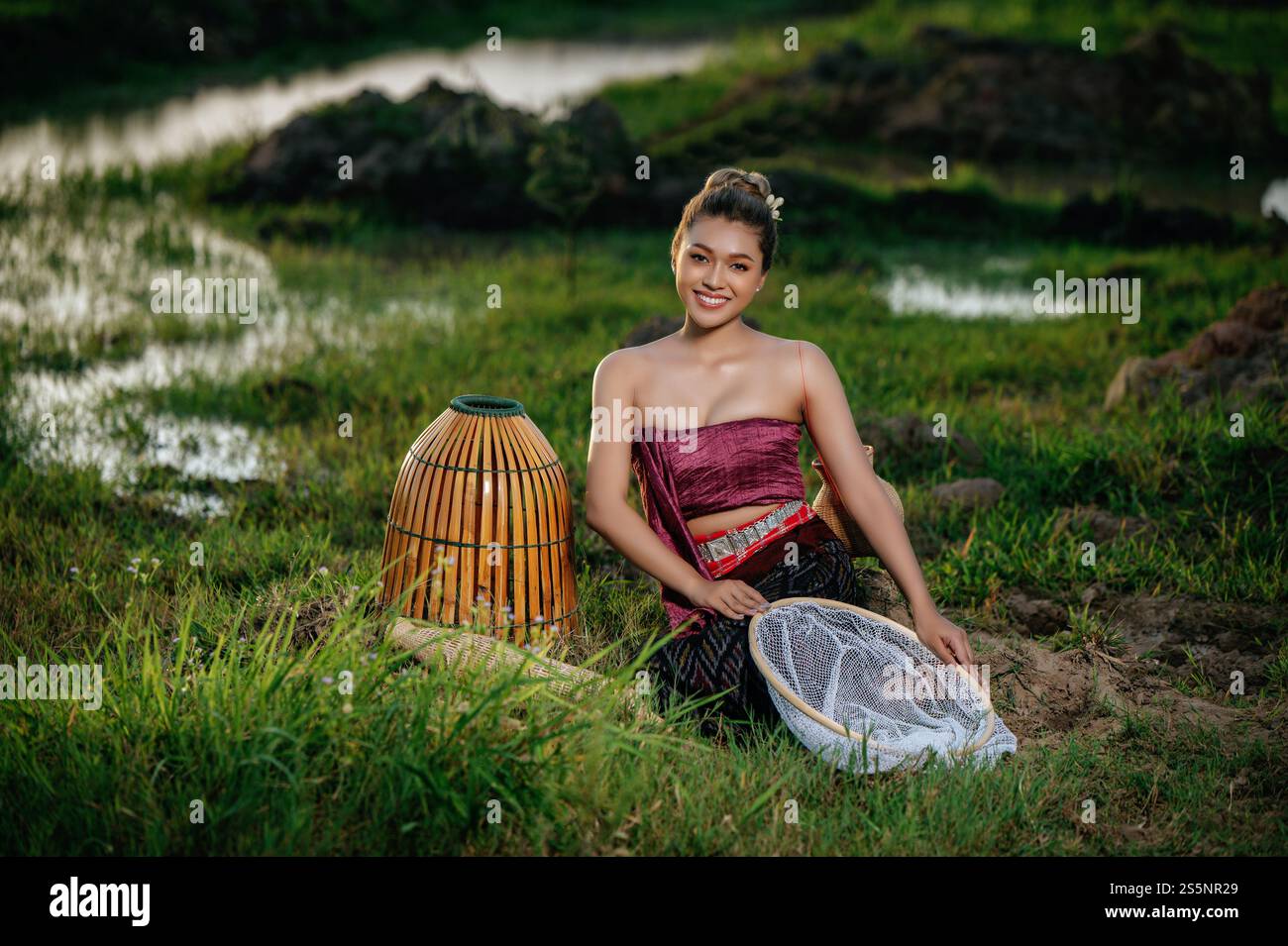 Portrait Young pretty Asian woman in beautiful Thai traditional clothes ...