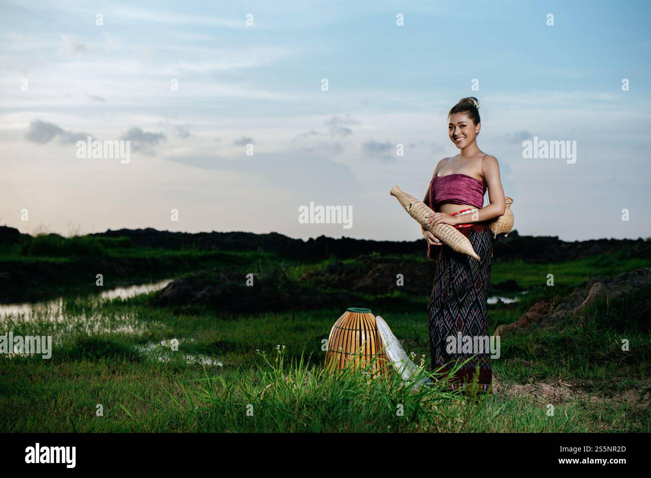 Portrait Young pretty Asian woman in beautiful Thai traditional clothes ...