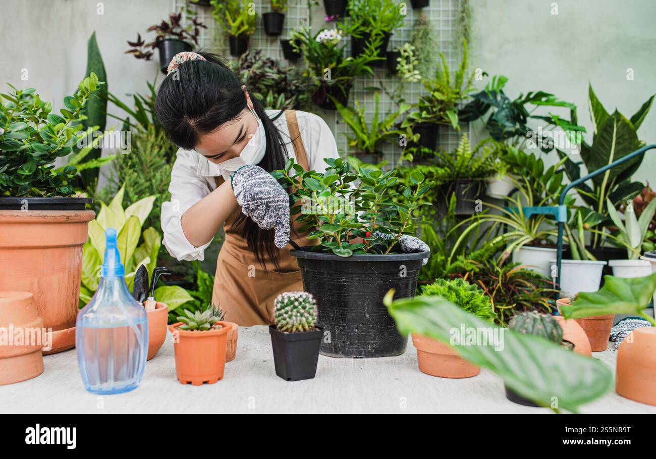 Asian gardener woman wearing face mask and apron hi-res stock ...