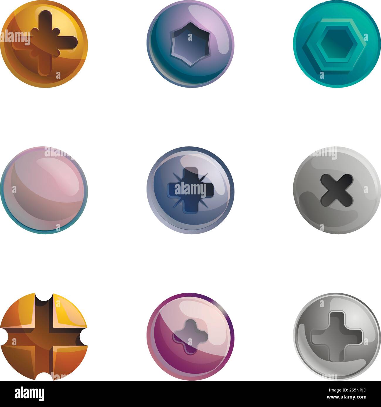 Screw bolt head icon set. Cartoon set of 9 screw bolt head vector icons ...