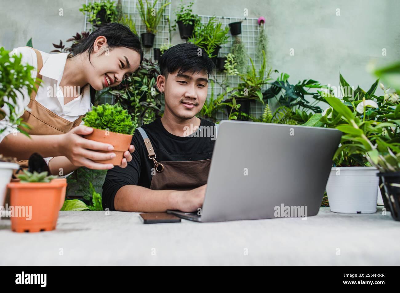 Happily gardener couple use laptop computer while online tutorial on ...