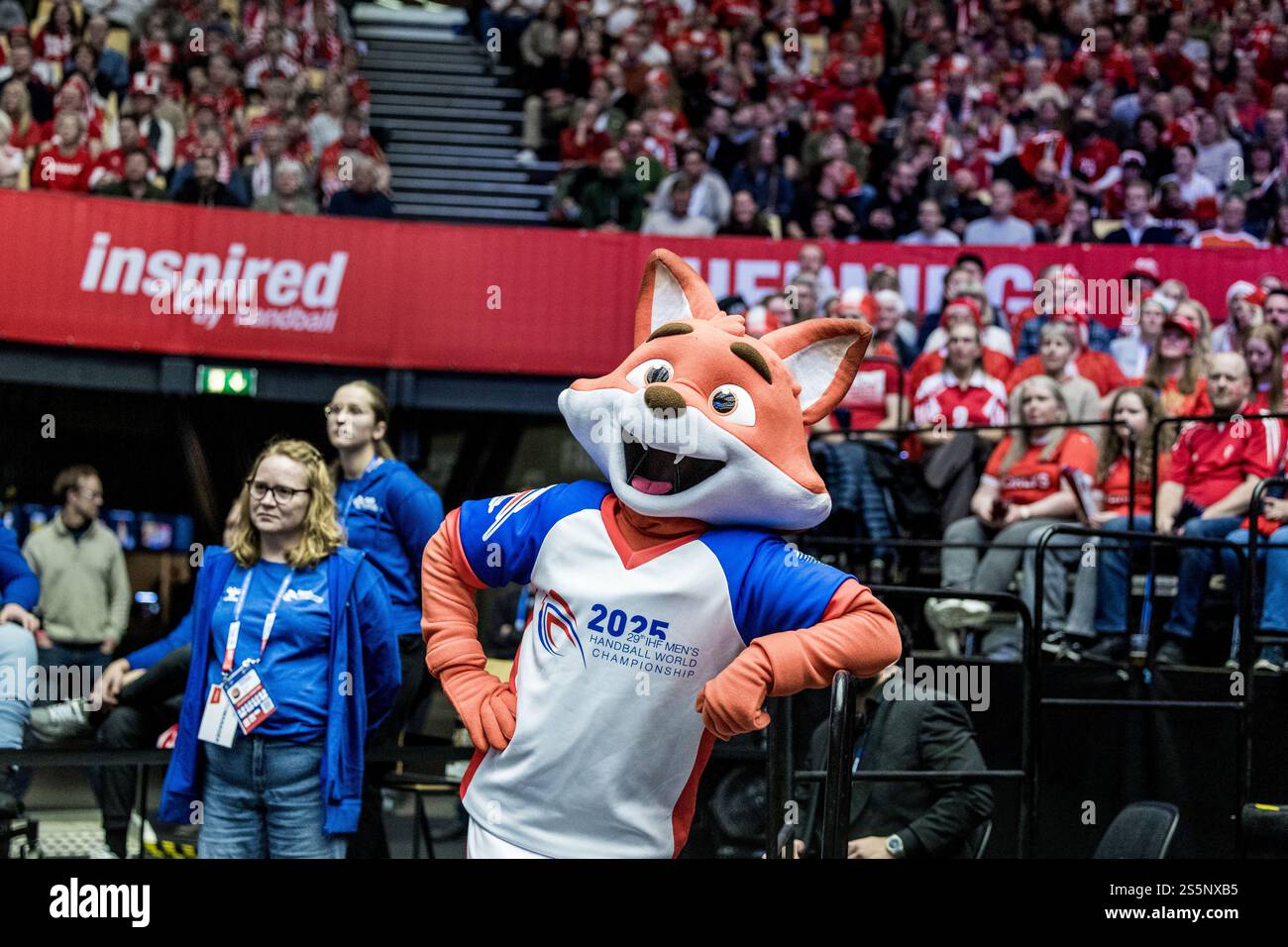 Herning, Denmark. 14th, January 2025. Tournament mascot Foxy the Fox ...