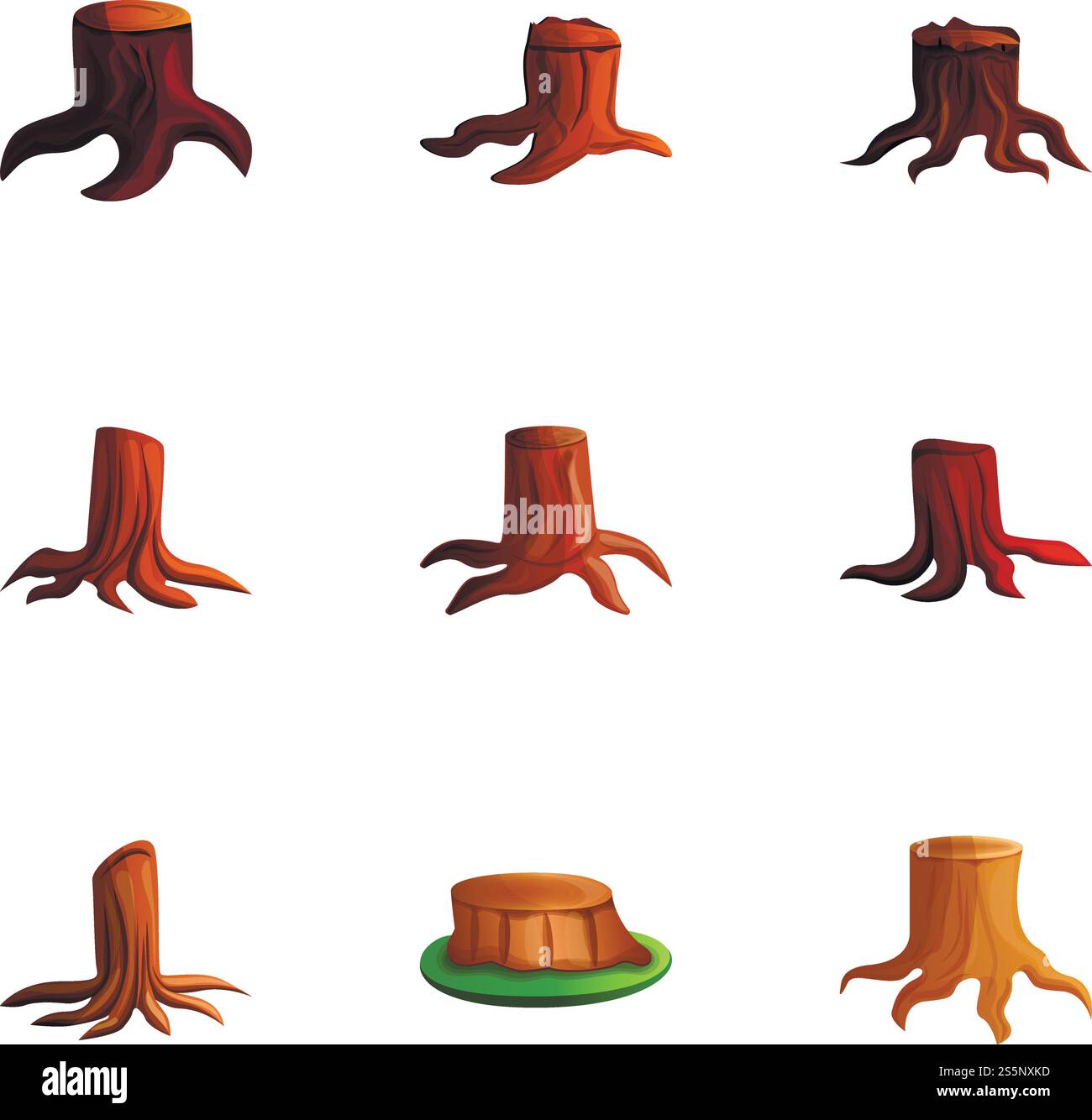 Cutted tree stump icon set. Cartoon set of 9 cutted tree stump vector icons for web design ...