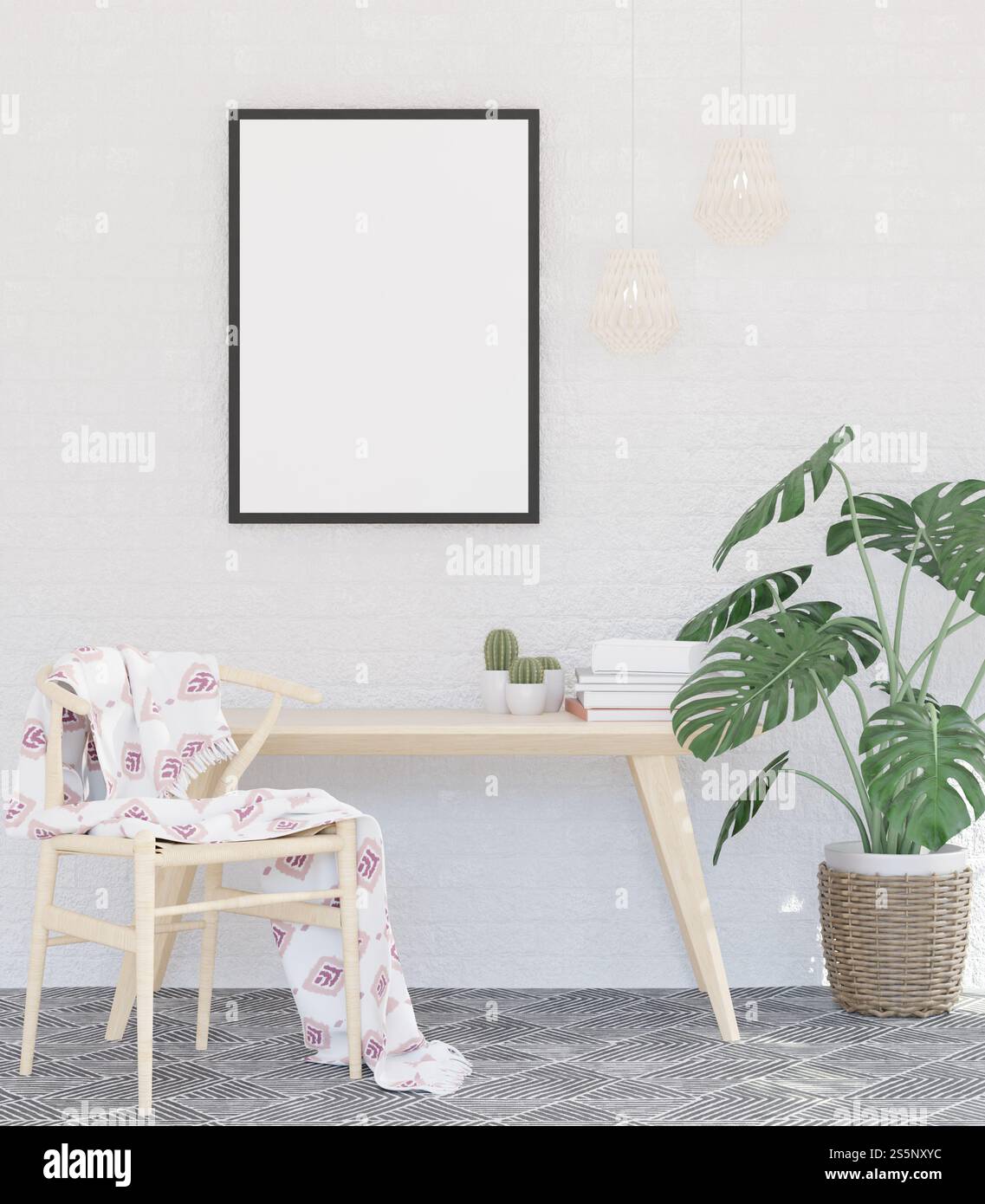 3D illustration mock up photo frame on the wall in workplace with table ...