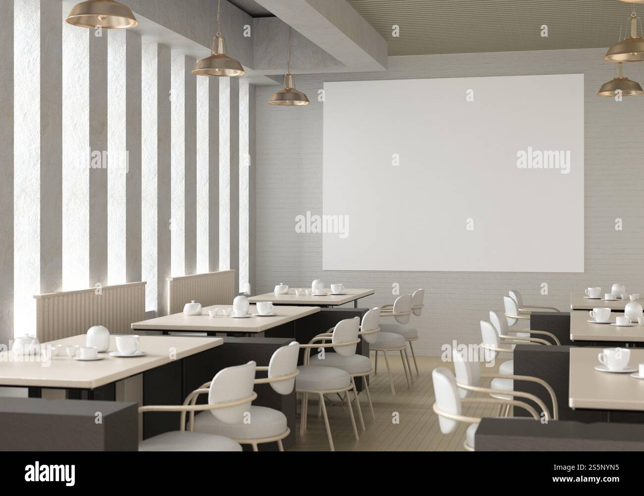 3D illustration, large Mockup photo frame on the wall of lounge or ...