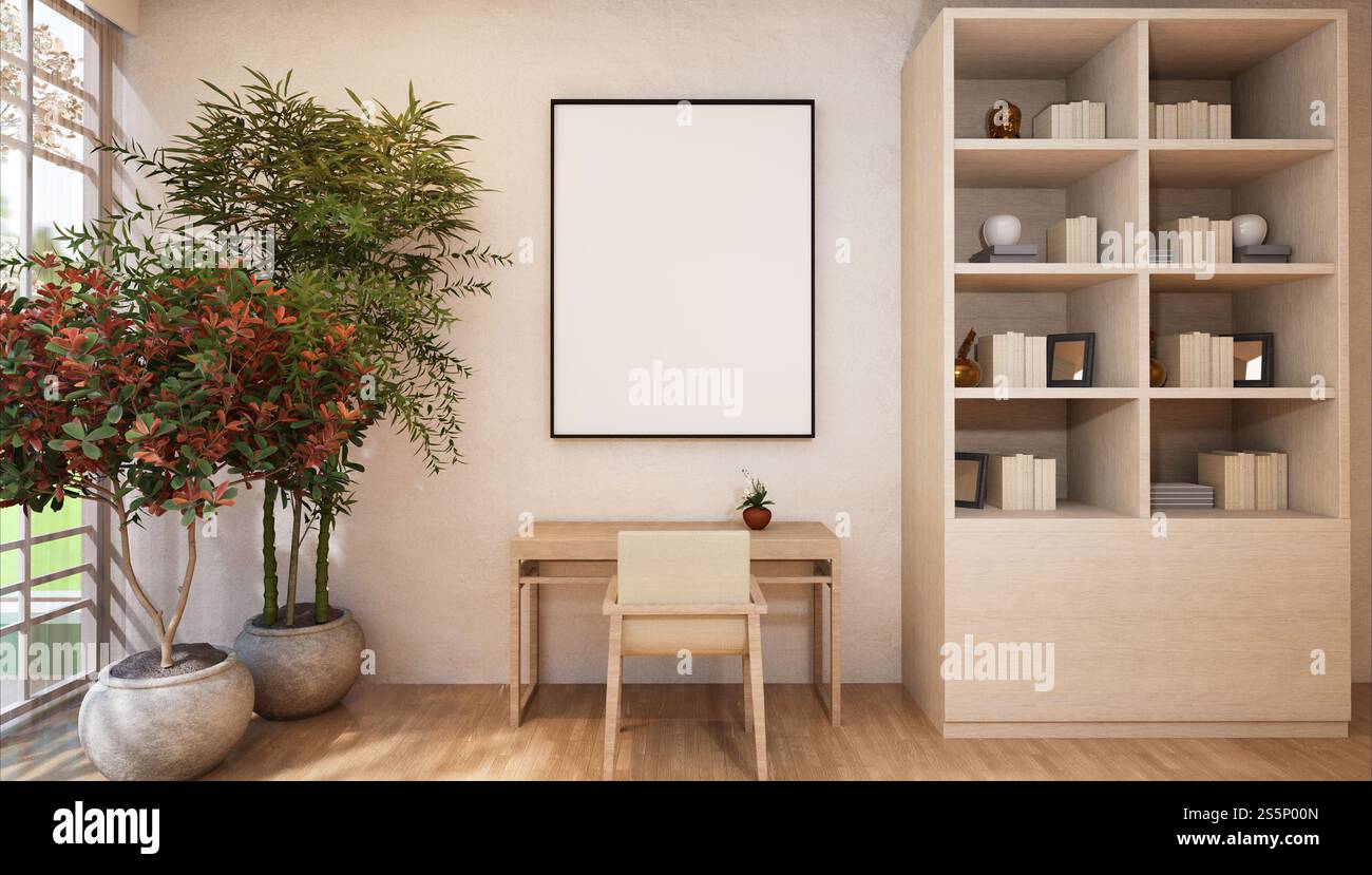 3D illustration mock up photo frame on the wall in workplace with table ...