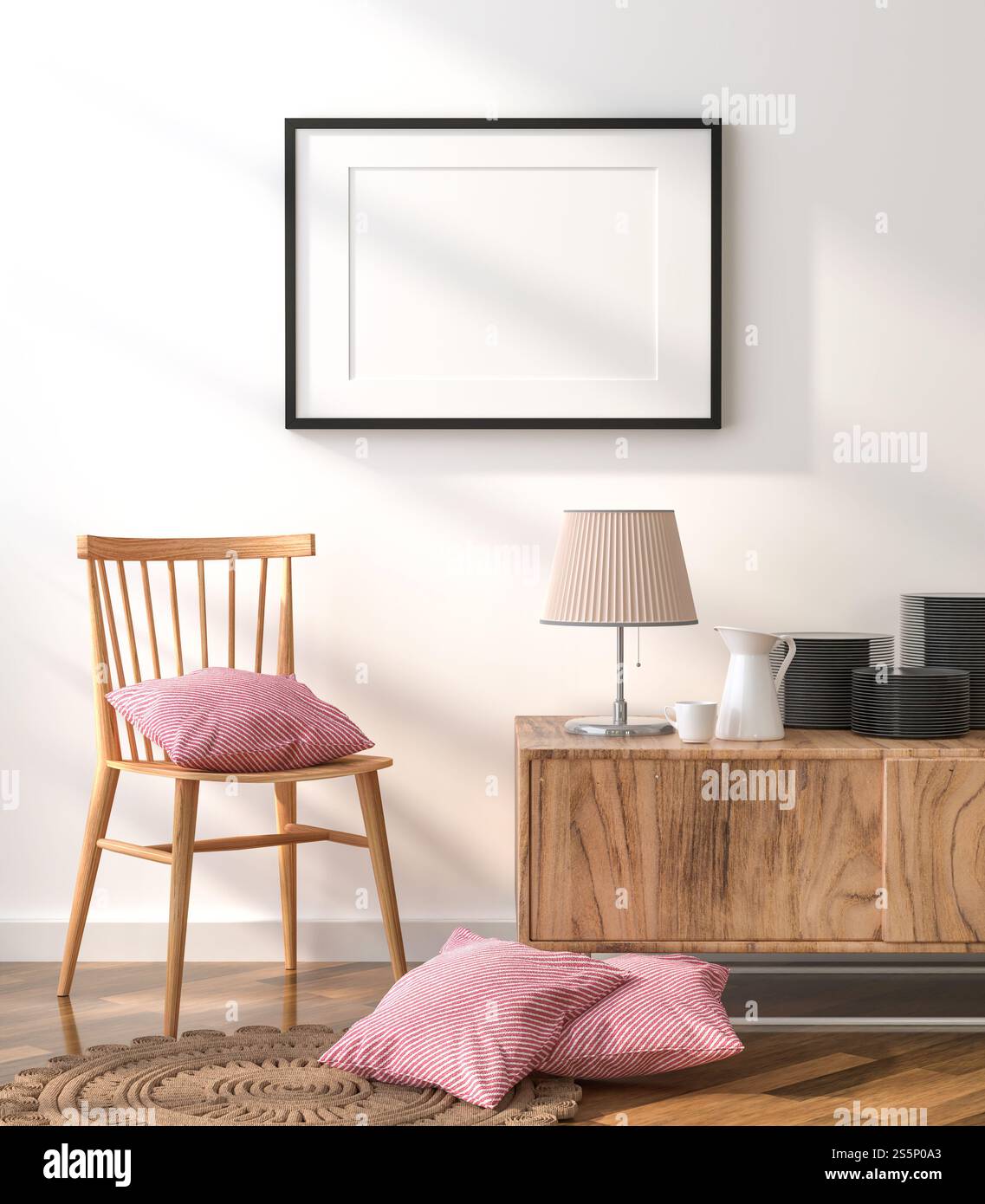 3D illustration, Mockup photo frame on the wall of lounge or living ...