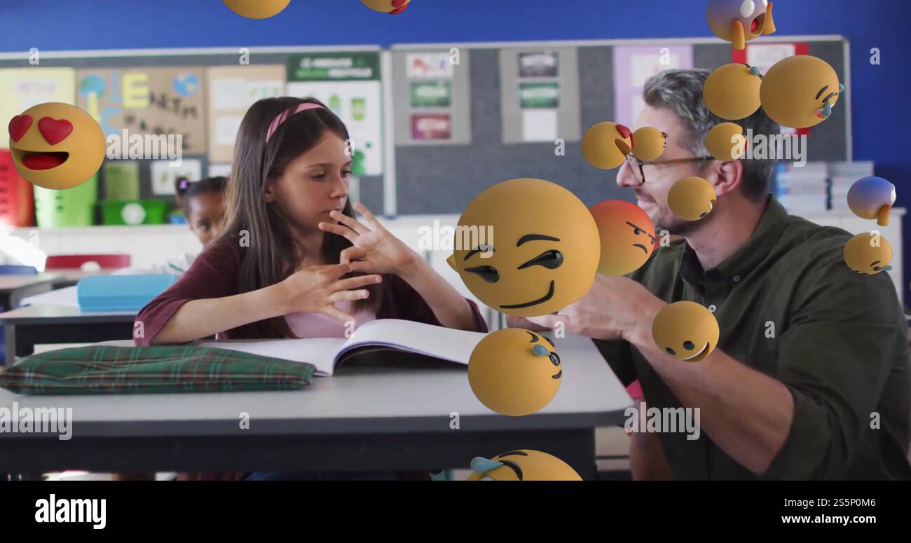Image of emoji icons over diverse schoolgirl and teacher counting Stock ...